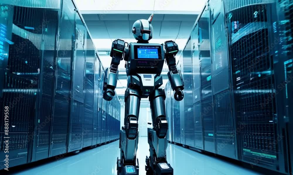 Rear back view of AI artificial intelligence robot standing in data ...