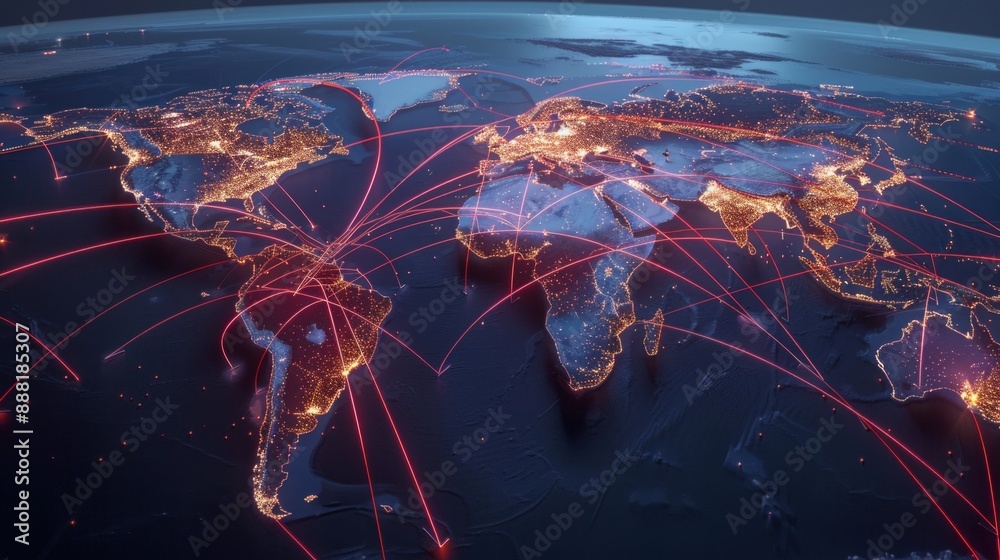 A global map with highlighted shipping routes and logistics hubs ...