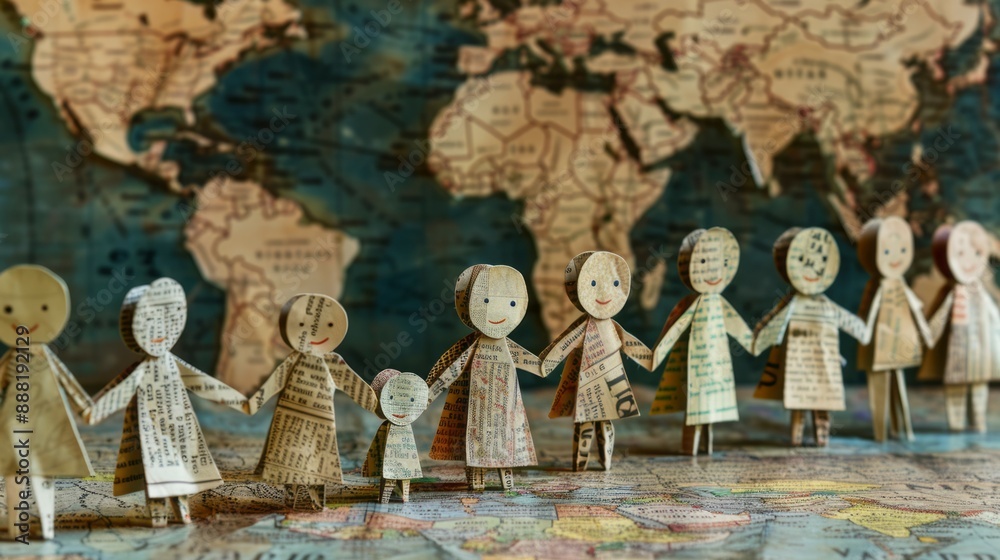 Paper dolls global community. A group of paper dolls stand together on ...