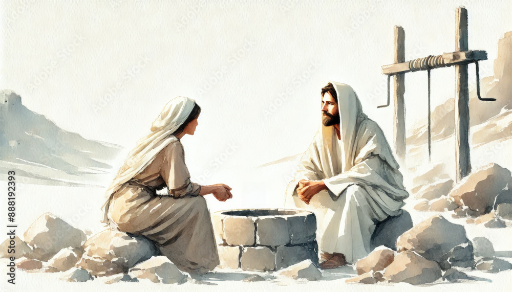 Jesus talking to a Samaritan Woman at the Well. Digital watercolor ...