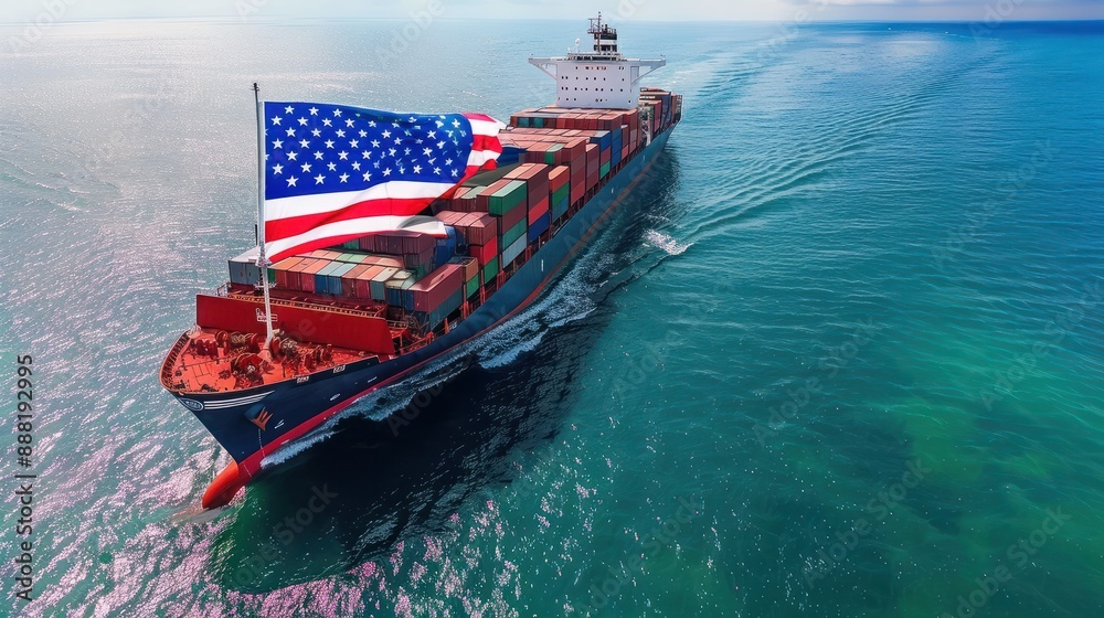 A container ship proudly displays the American flag as it sails the open sea, representing ...