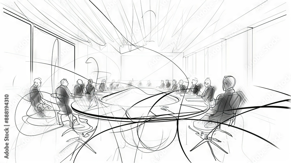 Sketchy office meeting room design. A minimalist drawing of a modern ...