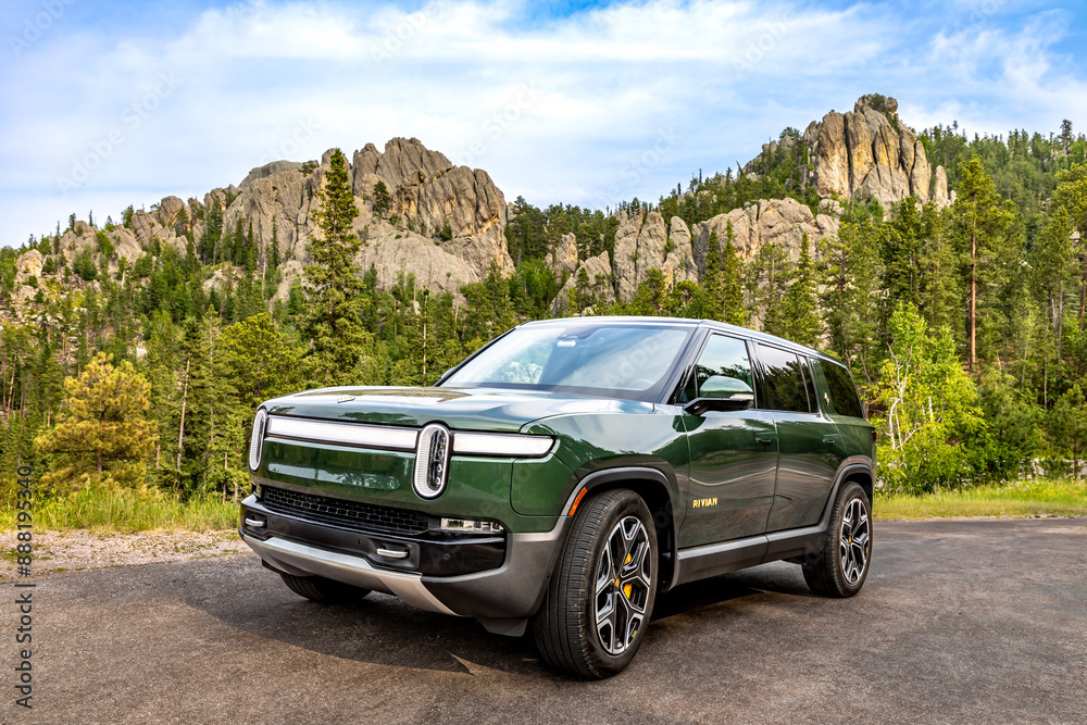 Electric Vehicle Rivian R1S EV in the Black Hills of South Dakota on ...