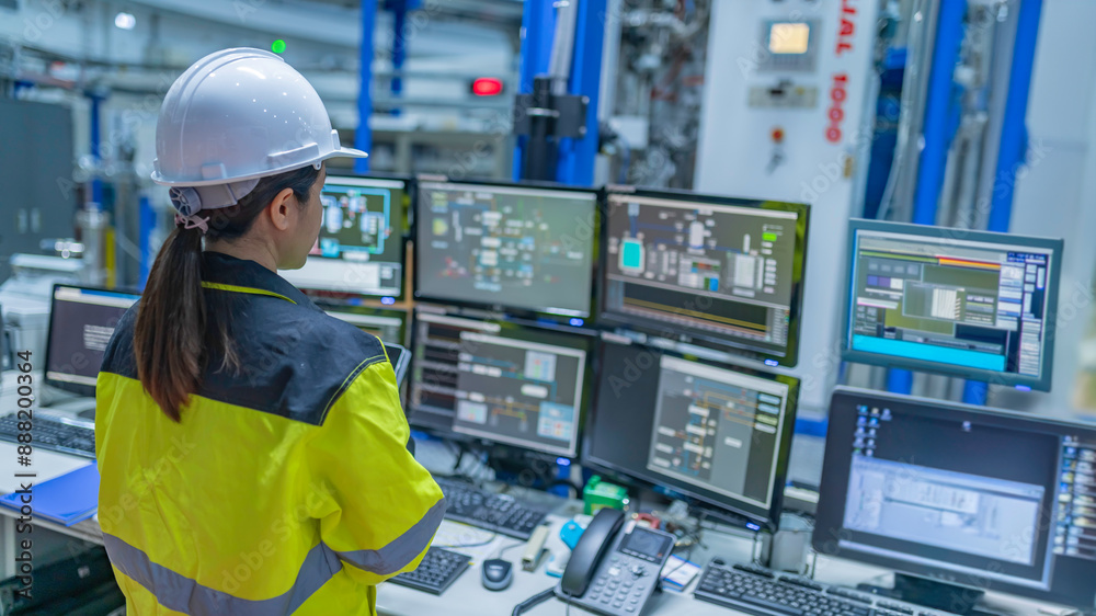 Inside the large Industry Factory Female Computer Engineer Works on ...