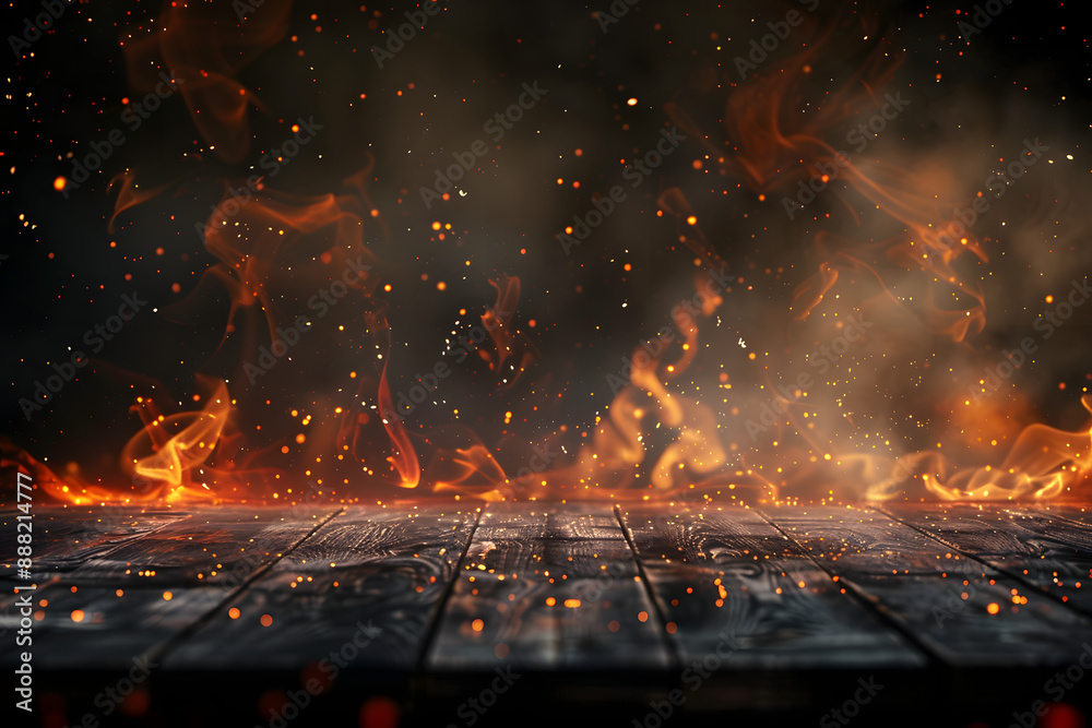 Blank wooden table with fire burning at the edge of the table, fire ...