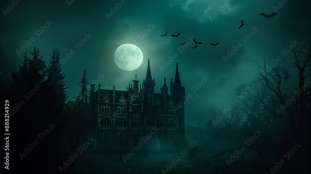 spooky halloween night, hunted Gothic castle at night in full moon ...