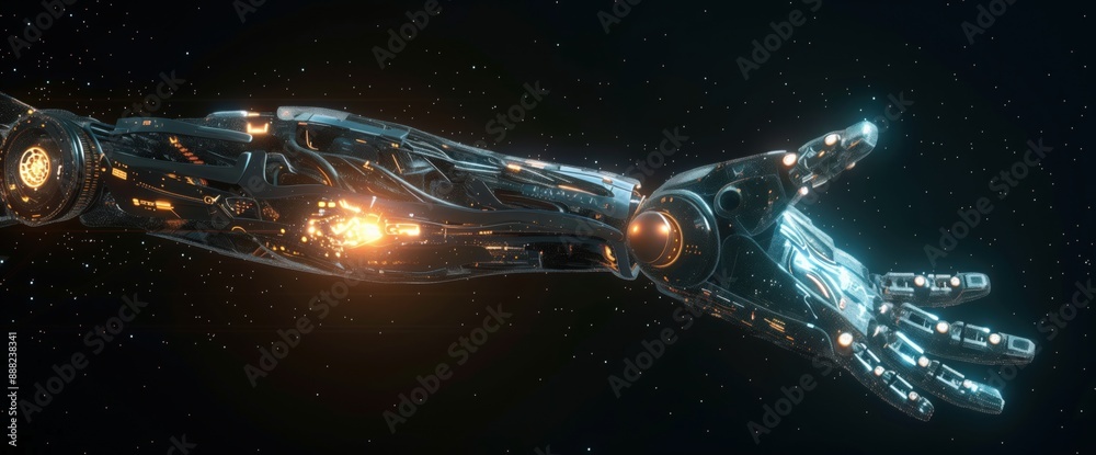 This sci-fi image shows a detailed and futuristic robotic arm extending ...
