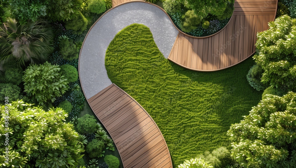 This image shows an overhead view of a garden with a mix of wooden and ...