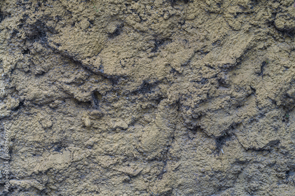 Uneven surface of wall plaster with deep hollows that are clogged with ...