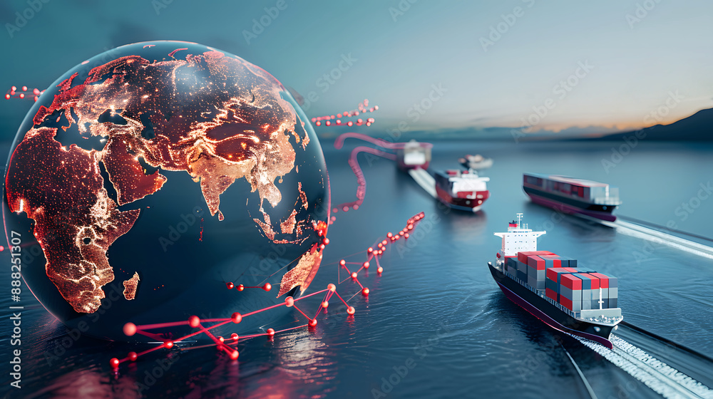 Global shipping network concept with cargo ships and digital ...