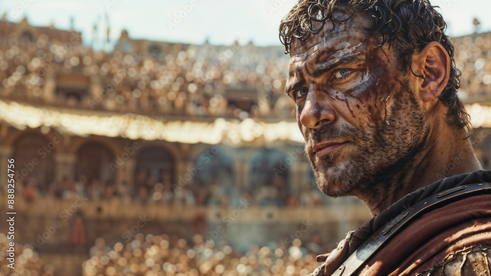 Fierce gladiator stands in packed ancient arena, with his face marked ...