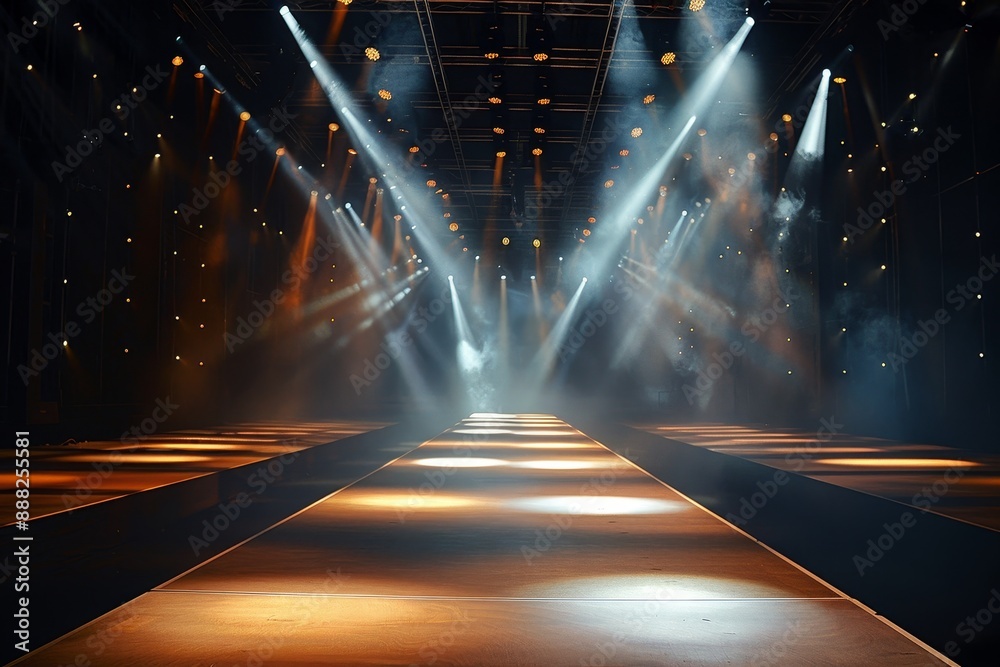Fashion show runway with moving beam lighting background stage ramp ...