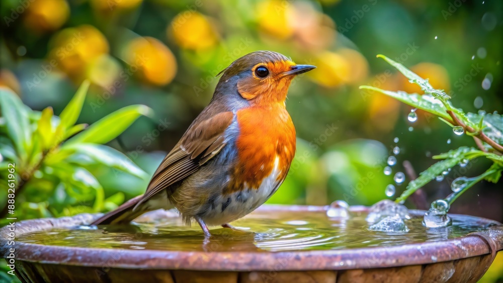 Robin Bird Taking a Refreshing Bath in a Bird Bath, bird bath, robin ...