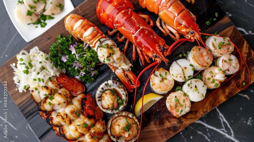 seafood delicacies including lobster tails and scallops Stock Photo ...