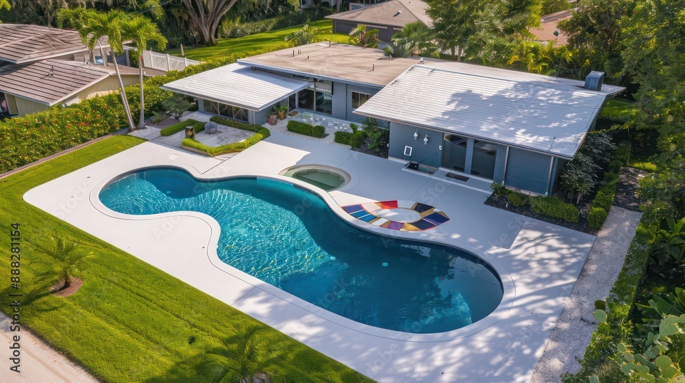 bird's-eye view of a suburban mid-century modern home with a custom ...