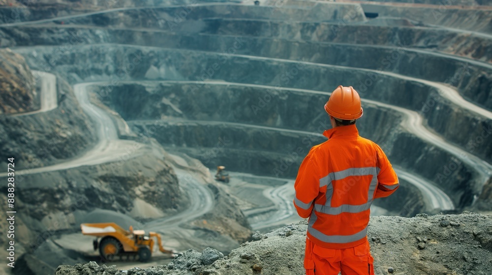 Mining engineer inspecting massive open-pit mine, overseeing the ...