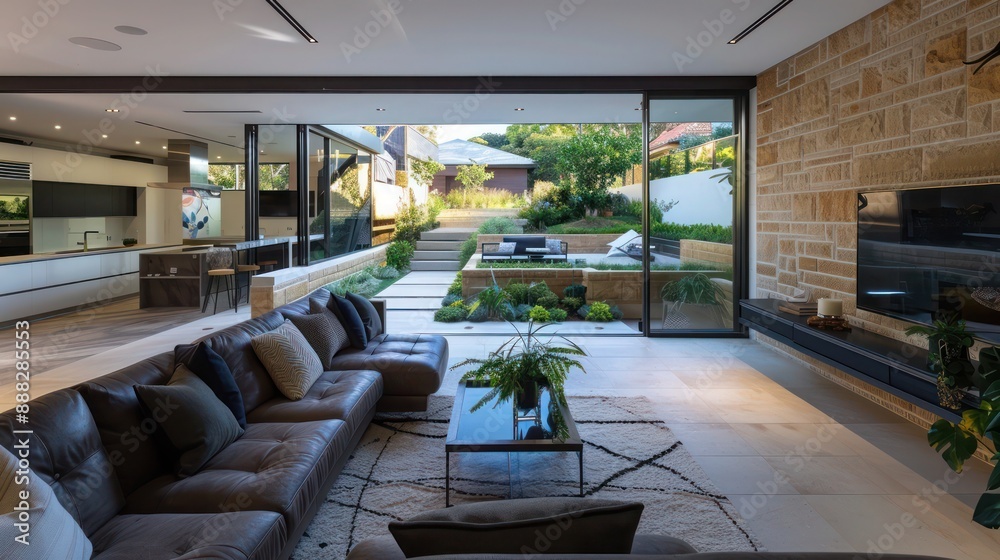 contemporary suburban home with a bi-level design, featuring a lower ...