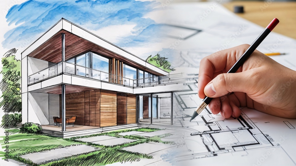 Architecture, design, sketch, modern house, blueprint, 3D rendering ...