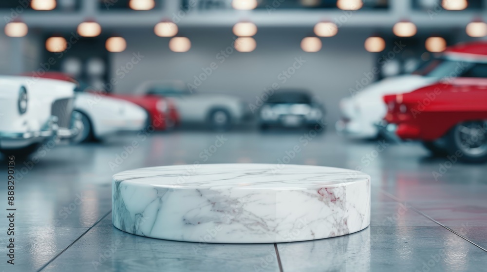Empty marble platform in a classic car showroom with vintage vehicles ...