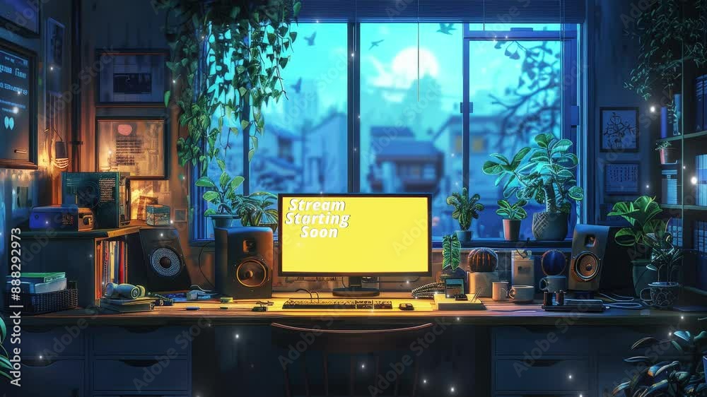 Stream Starting Soon title screen Lofi living room with a study table ...