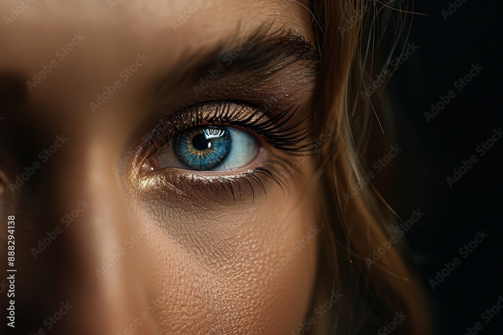 Beautiful woman with wide open eyes in blue and green hues using low ...