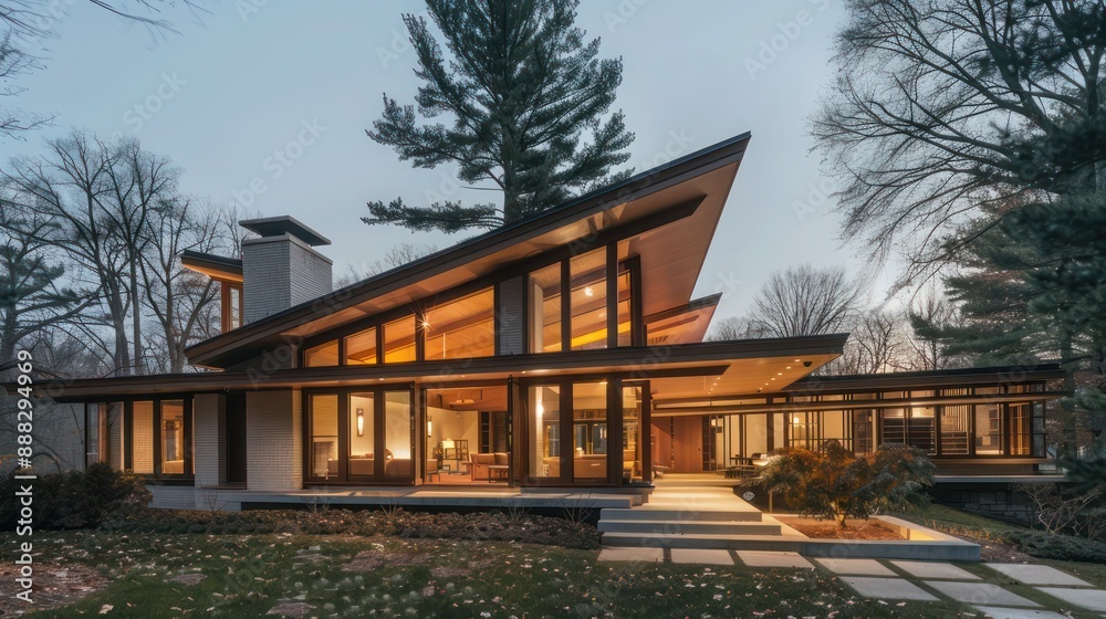 mid-century modern suburban house with distinctive roof overhangs and ...