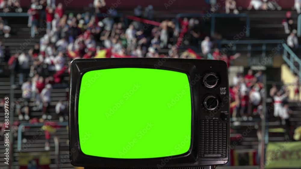 Antique Television with Green Screen and Blurred Stadium Fans in the ...