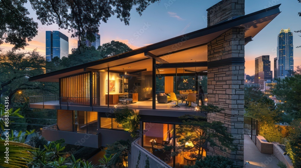 suburban mid-century modern home with an angular, cantilevered second ...