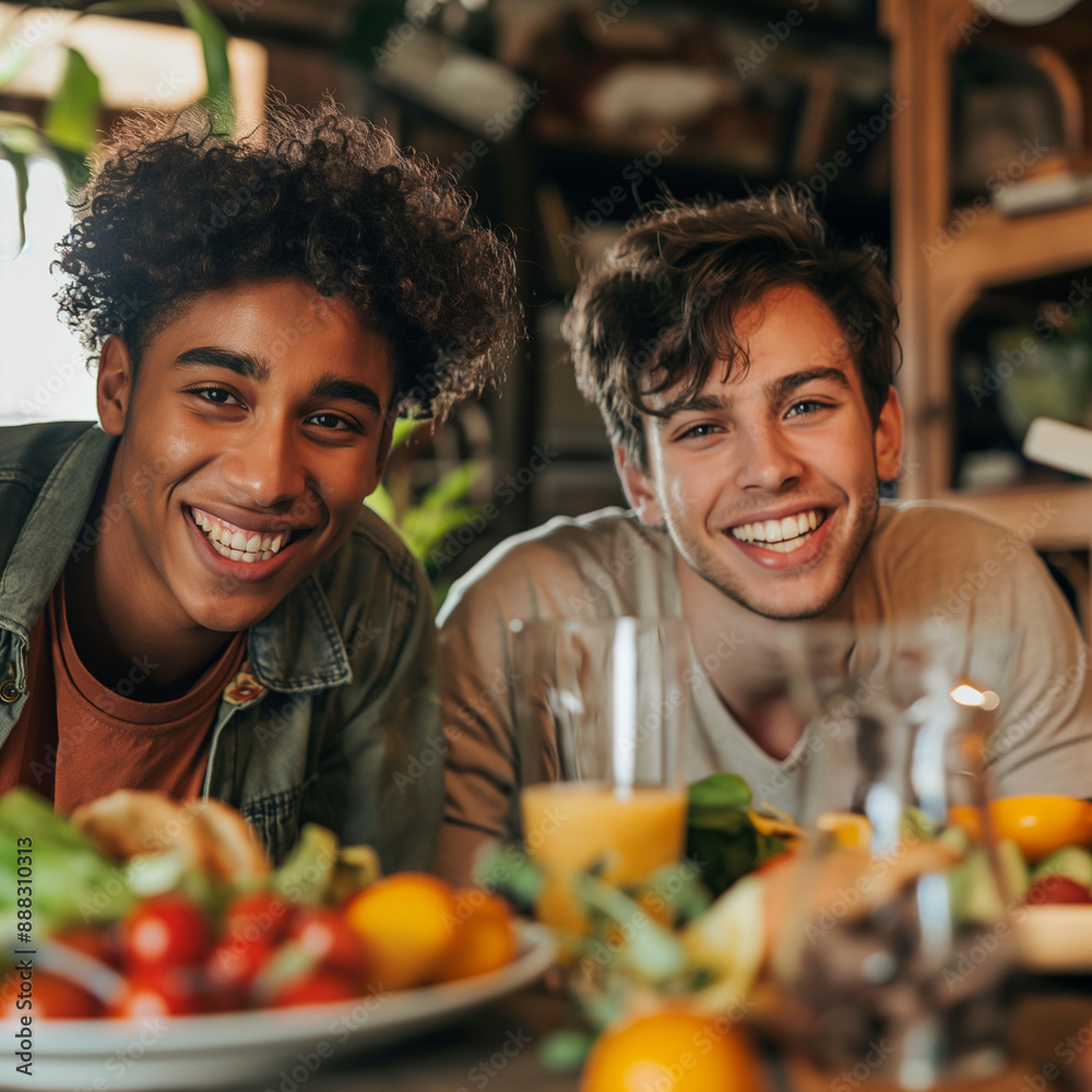 Young modern people eating healthy food together and smiling Stock ...