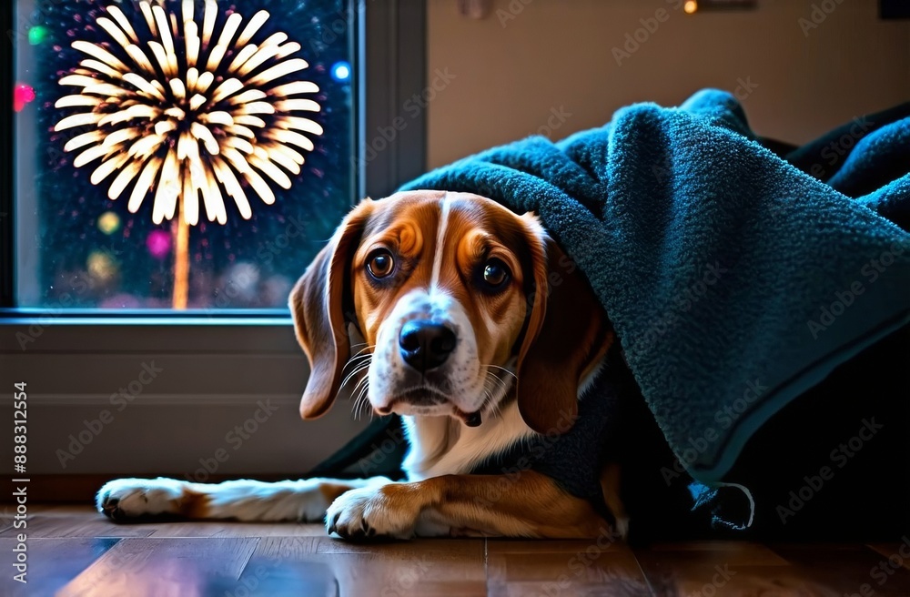 Beagle dog is very scared by fireworks. He tries to hide under the ...