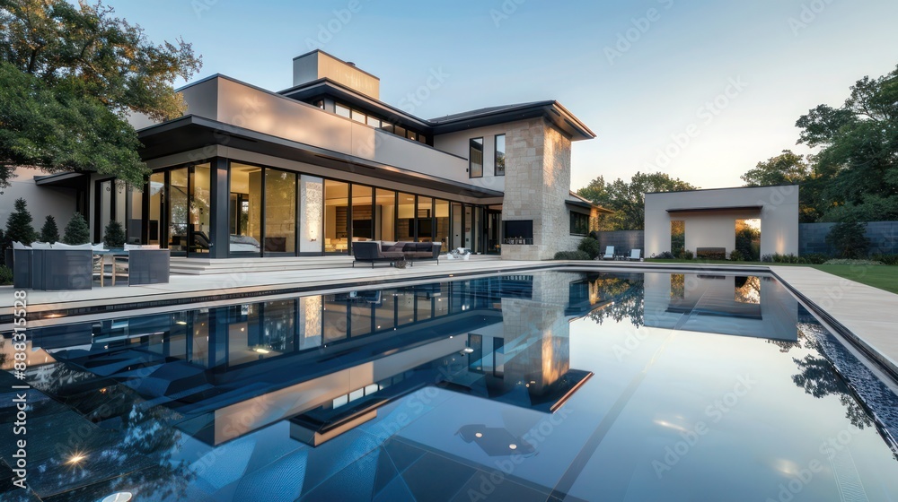 contemporary suburban home with an outdoor reflective pool, where the ...