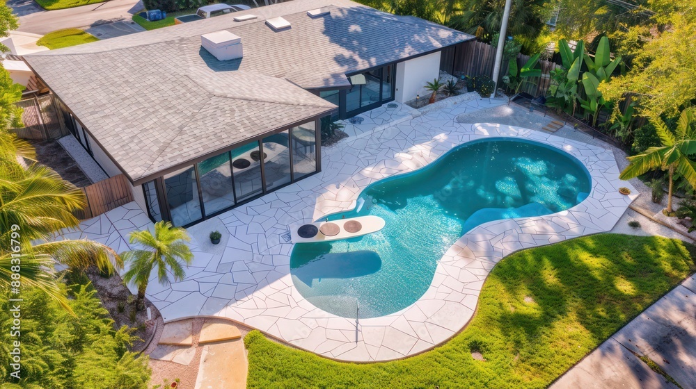 bird's-eye view of a suburban mid-century modern home with a custom ...