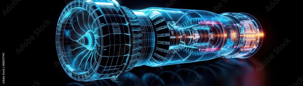 Detailed wireframe model of a jet engine, showcasing complex structure ...