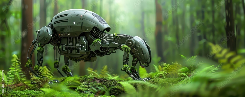 In a sci-fi landscape, a biomechanical being roams a forest filled with ...