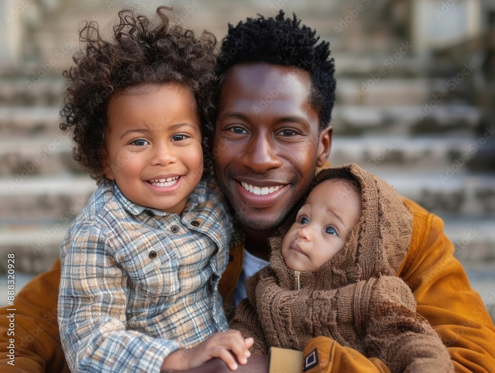 Happy father embracing his two adorable children, sitting on outdoor ...