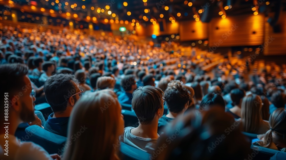 Back view of a diverse audience attentively listening to a speaker at a ...