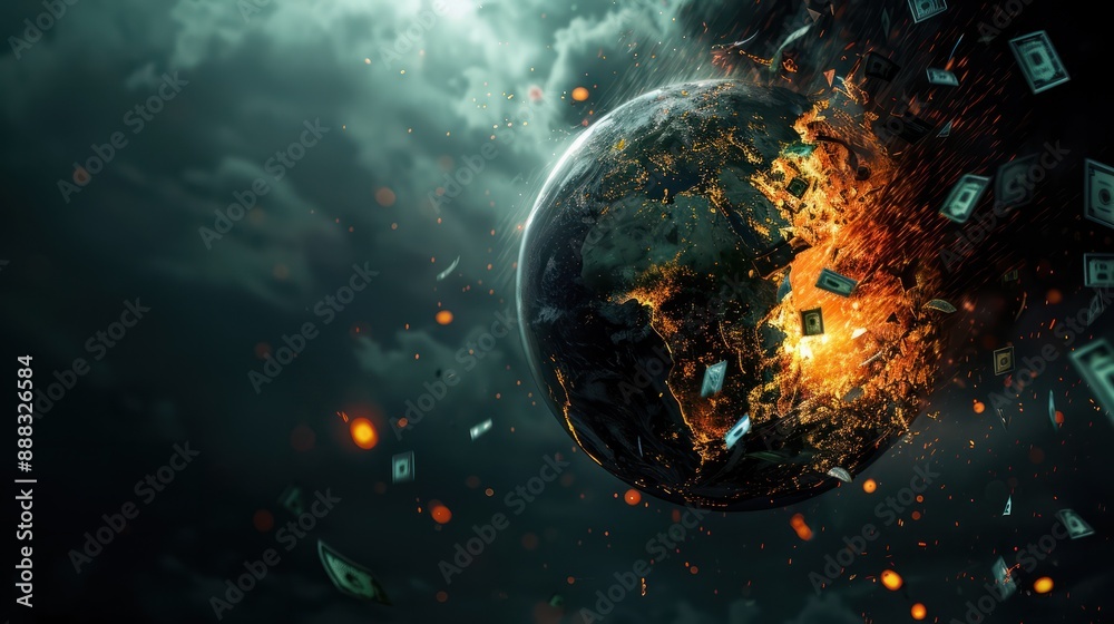 3. Illustrate a scene of a glowing planet fracturing into pieces, with ...