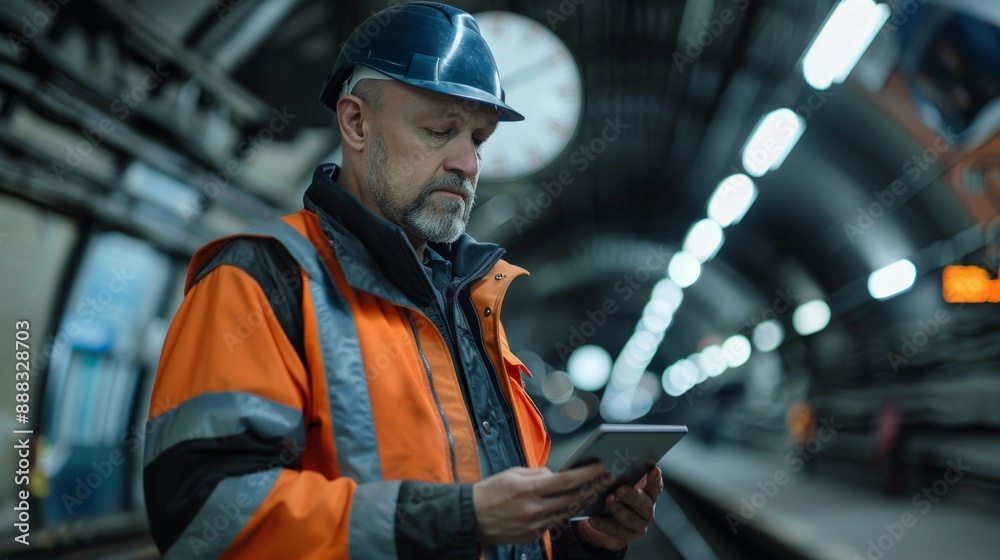 Railway worker with tablet computer . Railway employee in working ...
