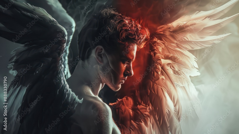 Beautiful fallen angel man. Good or bad parts of soul. Concept of ...