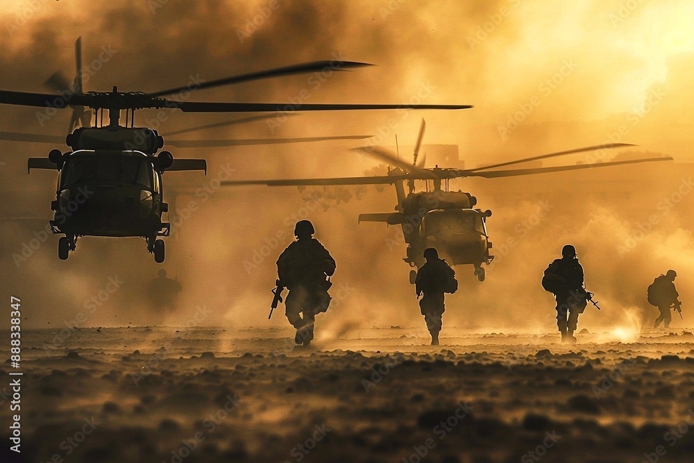 Soldiers run across a sandy area, raising clouds of dust, during an ...