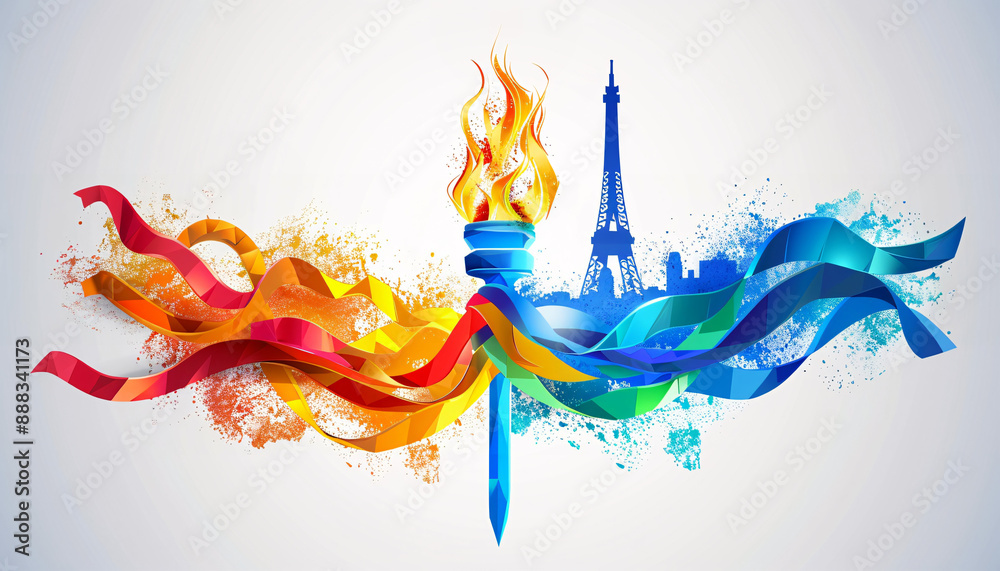 Paris Eiffel Tower with Artistic Torch and Vibrant Ribbons. Iconic ...