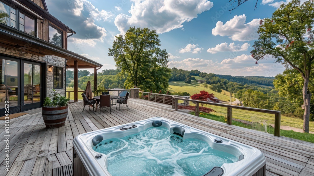 Rustic suburban farmhouse with a large wrap-around deck that includes a ...