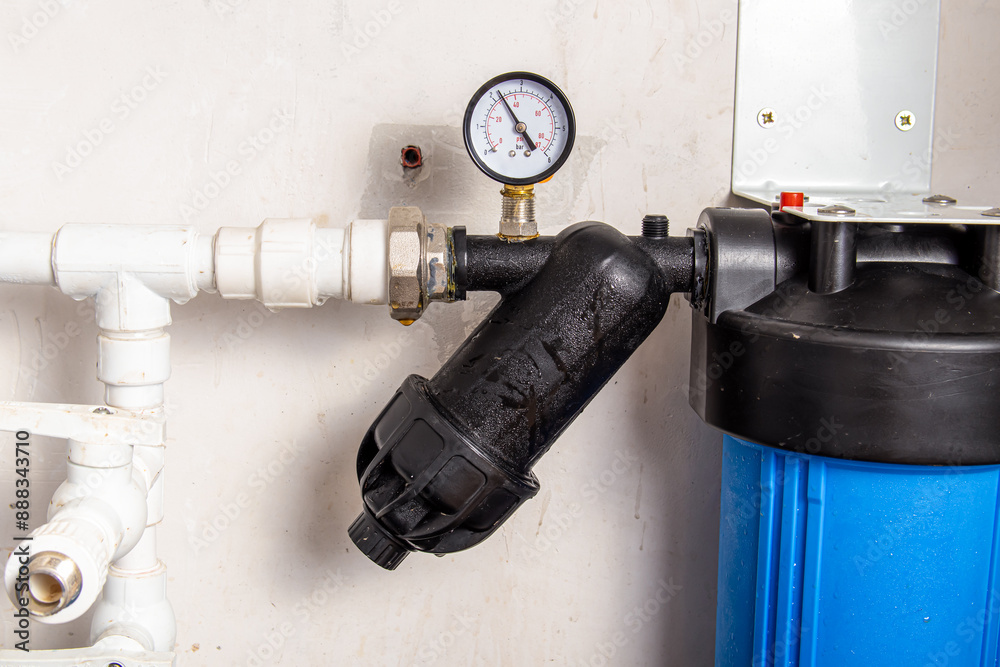 Coarse water filter. Water purification filter with pressure gauge ...