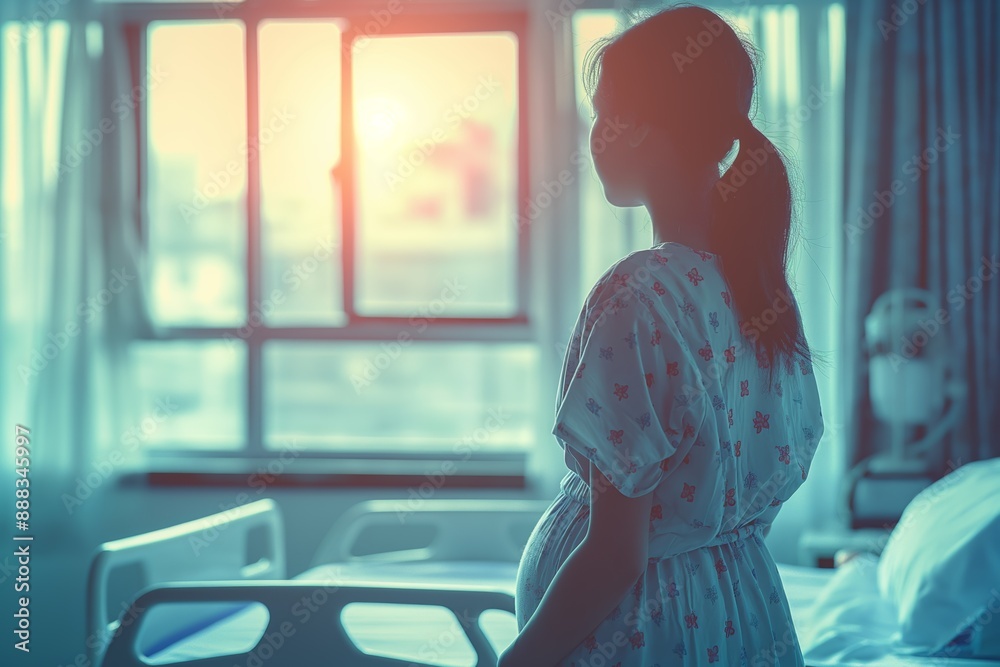 Pregnant woman standing by hospital bed in patient gown gazing at ...