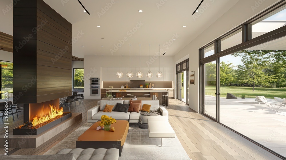 modern suburban farmhouse with an open-plan living area that includes a ...