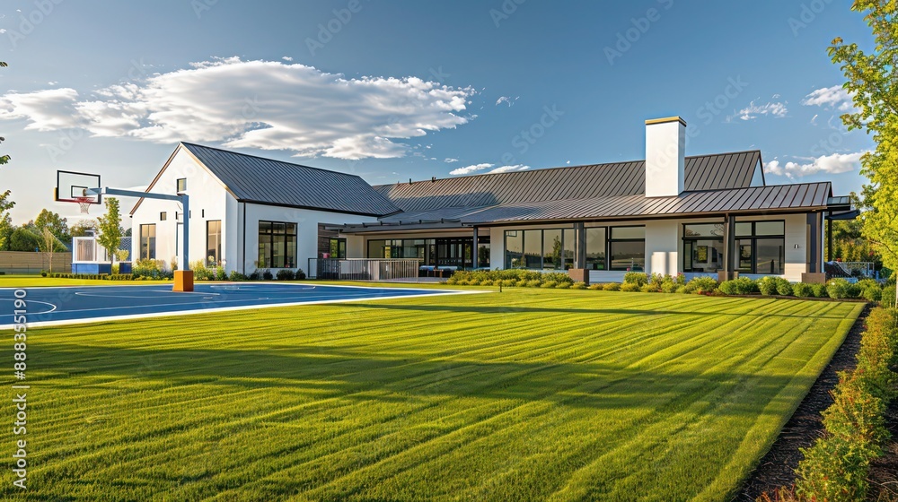 contemporary suburban farmhouse with a large front lawn and a variety ...