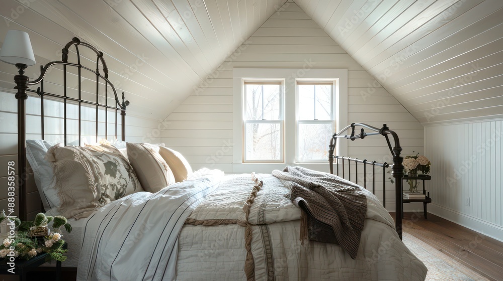 charming suburban farmhouse bedroom with gabled ceilings, a wrought ...