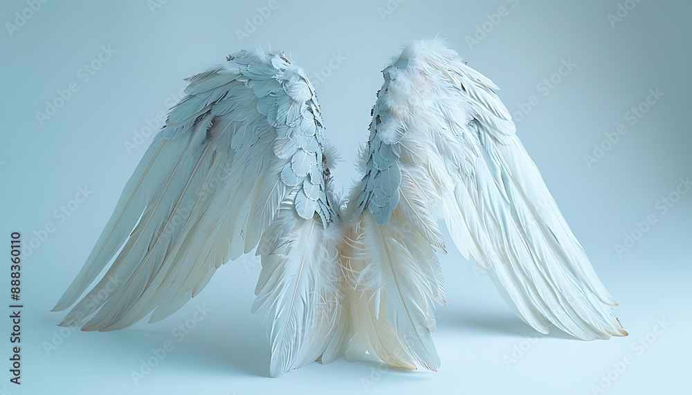 White feather angel wings laid flat on a white backdrop, crisp focus ...