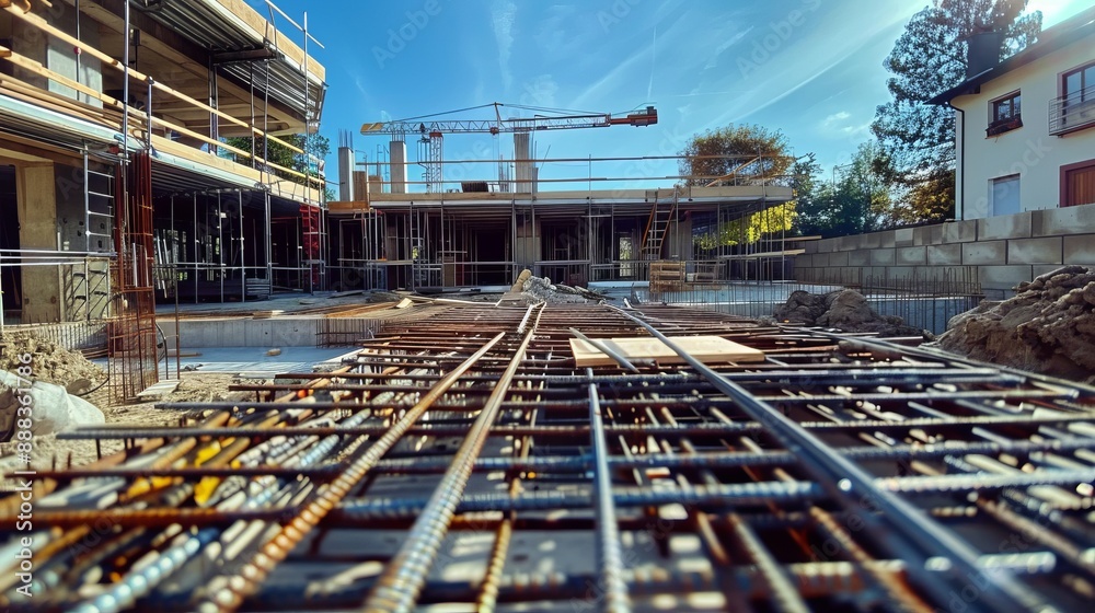 The foundation phase of a building construction site prominently ...