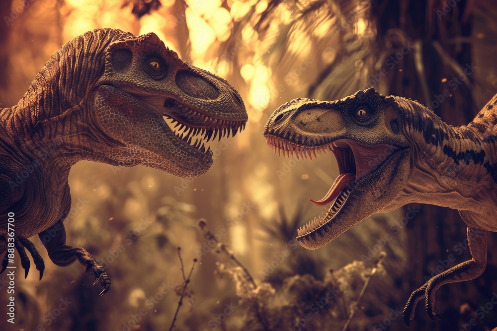 Ferocious confronting dinosaurs, depiction of an uncertain encounter ...